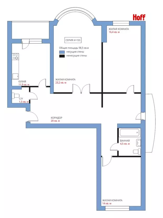 Wêne: Bi şêwaz, apartman, plansazî, Hoff, Redevelopment, Hoff, I-155mk, Anastasia Kiseleva, û-155B, Panel Xanî, û-155, 3 odeyên, bêtir ji 90 metre - û-155n - wêne