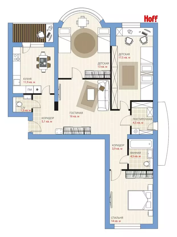 Wêne: Bi şêwaz, apartman, plansazî, Hoff, Redevelopment, Hoff, I-155mk, Anastasia Kiseleva, û-155B, Panel Xanî, û-155, 3 odeyên, bêtir ji 90 metre - û-155n - wêne