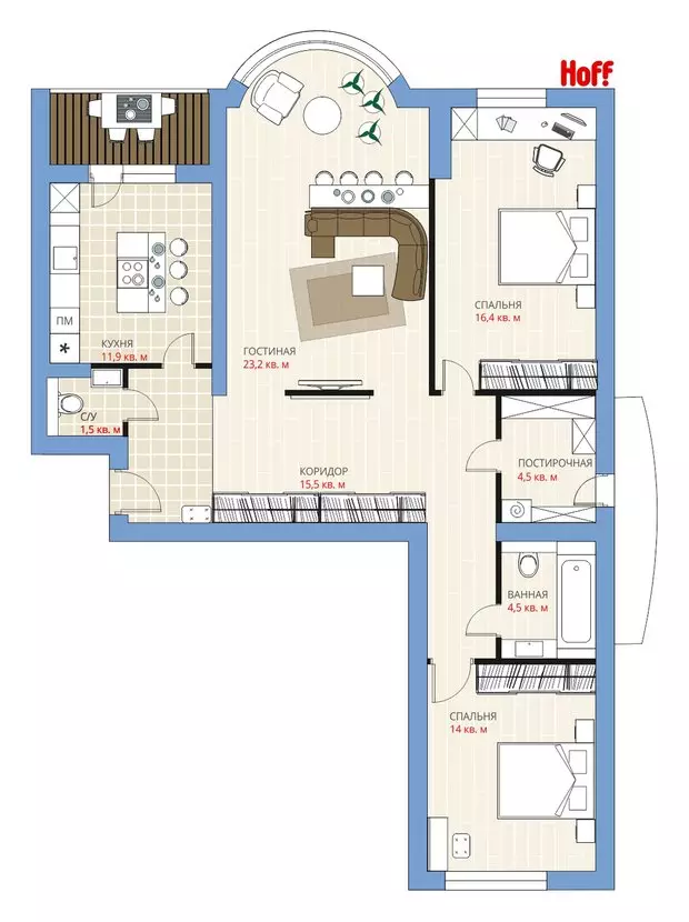 Wêne: Bi şêwaz, apartman, plansazî, Hoff, Redevelopment, Hoff, I-155mk, Anastasia Kiseleva, û-155B, Panel Xanî, û-155, 3 odeyên, bêtir ji 90 metre - û-155n - wêne