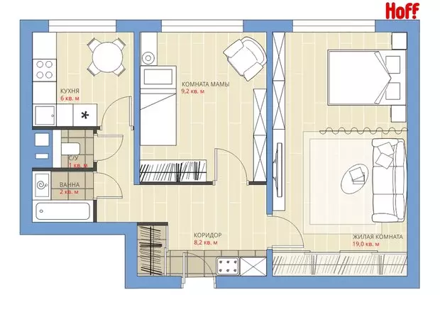 Larawan: Sa estilo, apartment, pagpaplano, hoff, redevelopment, hoff, II-49, Anastasia Kiseleva, Panel House, 2 kuwarto, 40-60 metro - Larawan