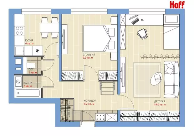 Wêne: Bi şêwaz, apartman, plansaziyê, Hoff, Redevelopment, Hoff, II-49, Anastasia Kiseleva, Panel House, 2 odeyên, 40-60 metre - wêne