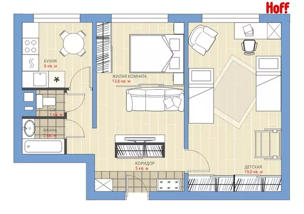 Wêne: Bi şêwaz, apartman, plansaziyê, Hoff, Redevelopment, Hoff, II-49, Anastasia Kiseleva, Panel House, 2 odeyên, 40-60 metre - wêne