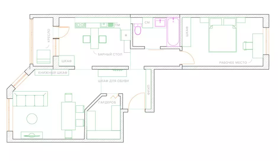 Foto: Planning in stijl, appartement, herontwikkeling, IP-46S, Huis van de IP-46S-serie, Appartement met 1 Slaapkamer in IP-46S, Herontwikkeling van tweekamerappartement in IP-46S, Herontwikkeling van een appartement met 2 slaapkamers, IP-46S, herontwikkelingsopties van een tweekamerappartement, hoe een tweekamerappartement op te zetten voor een stel, hoe een tweekamerappartement op te zetten voor een stel met kinderen, herontwikkeling ideeën, herontwikkeling in IP-46S - Foto