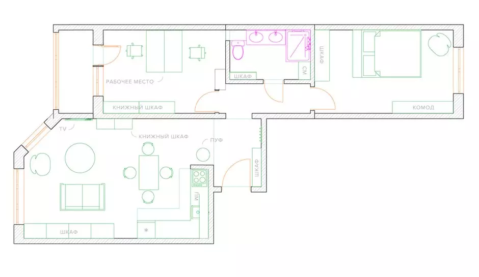 Foto: Planning in stijl, appartement, herontwikkeling, IP-46S, Huis van de IP-46S-serie, Appartement met 1 Slaapkamer in IP-46S, Herontwikkeling van tweekamerappartement in IP-46S, Herontwikkeling van een appartement met 2 slaapkamers, IP-46S, herontwikkelingsopties van een tweekamerappartement, hoe een tweekamerappartement op te zetten voor een stel, hoe een tweekamerappartement op te zetten voor een stel met kinderen, herontwikkeling ideeën, herontwikkeling in IP-46S - Foto