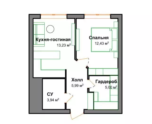 Larawan: Pagpaplano sa estilo, modernong, apartment, minimalism, proyekto ng linggo, balashikha, 1 kuwarto, 40-60 metro, Marina GR- larawan