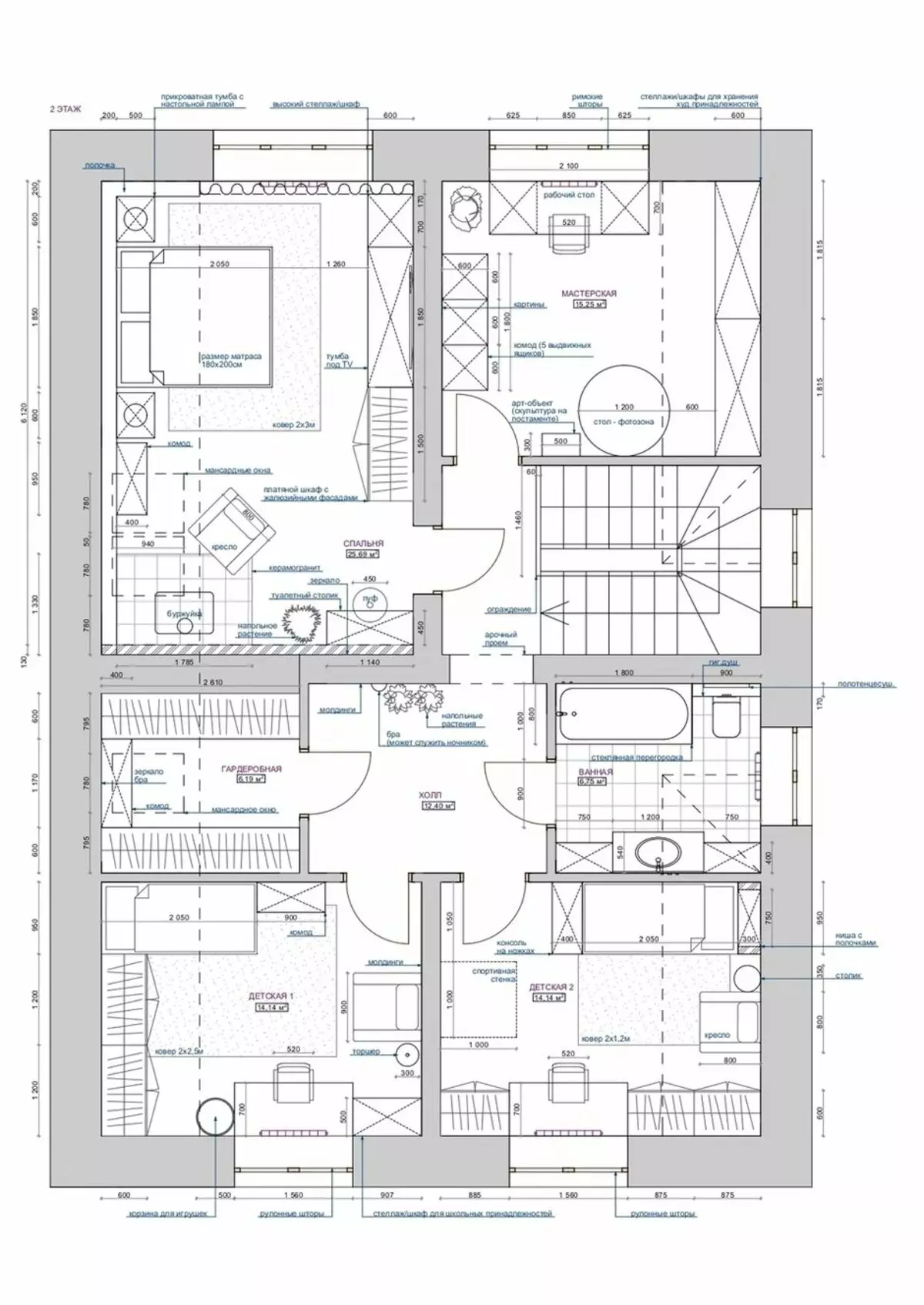 Plan cu aranjament de mobilă, etajul 2