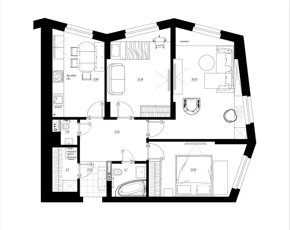 Foto: Planejamento em estilo, apartamento, redesenvolvimento, dente nikita, casa monolítica, 3 assoalhadas, 60-90 metros, moskav, ambiente de planejamento - foto