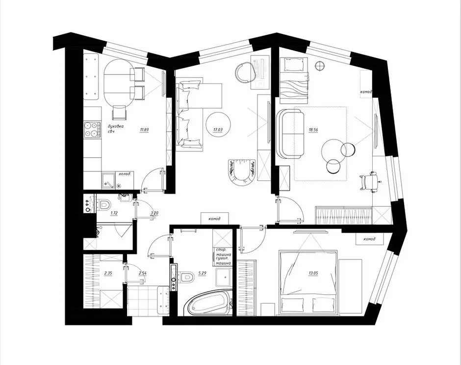 Foto: Planejamento em estilo, apartamento, redesenvolvimento, dente nikita, casa monolítica, 3 assoalhadas, 60-90 metros, moskav, ambiente de planejamento - foto