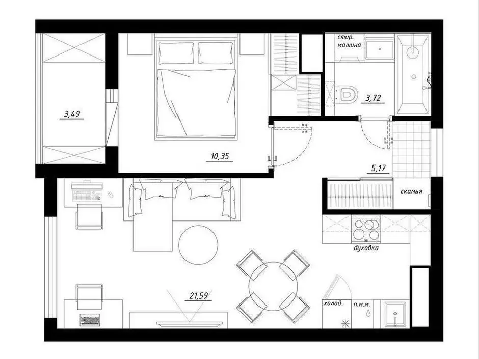 Foto: perencanaan dalam gaya, apartemen, pembangunan kembali, gigi nikita, rumah monolitik, 1 kamar, 40-60 meter, lingkungan perencanaan, LCD