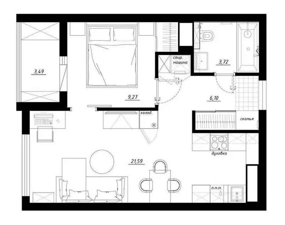 Foto: Načrtovanje v stilu, apartmaju, prenovi, Nikita zob, monolitna hiša, 1 soba, 40-60 metrov, okolje za načrtovanje, LCD