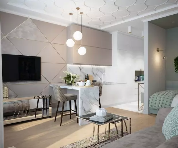 Foto: Wohnzimmer in modern, Küche und Esszimmer, Inneneinrichtung, Studio, Grau, Rosa, bis zu 40 Meter, Inna Azoreskaya - Foto