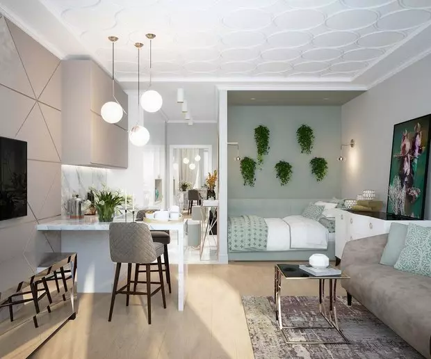 Foto: Wohnzimmer in modern, Küche und Esszimmer, Inneneinrichtung, Studio, Grau, Rosa, bis zu 40 Meter, Inna Azoreskaya - Foto