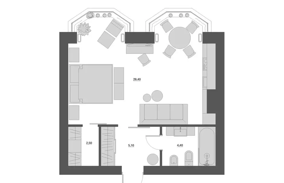 Foto: Planung a Stil, Loft, Appartement, Studio, Projet vun der Woch, Moskau, Marciia Trickva, Mauerhaus, 40-60 Meter.