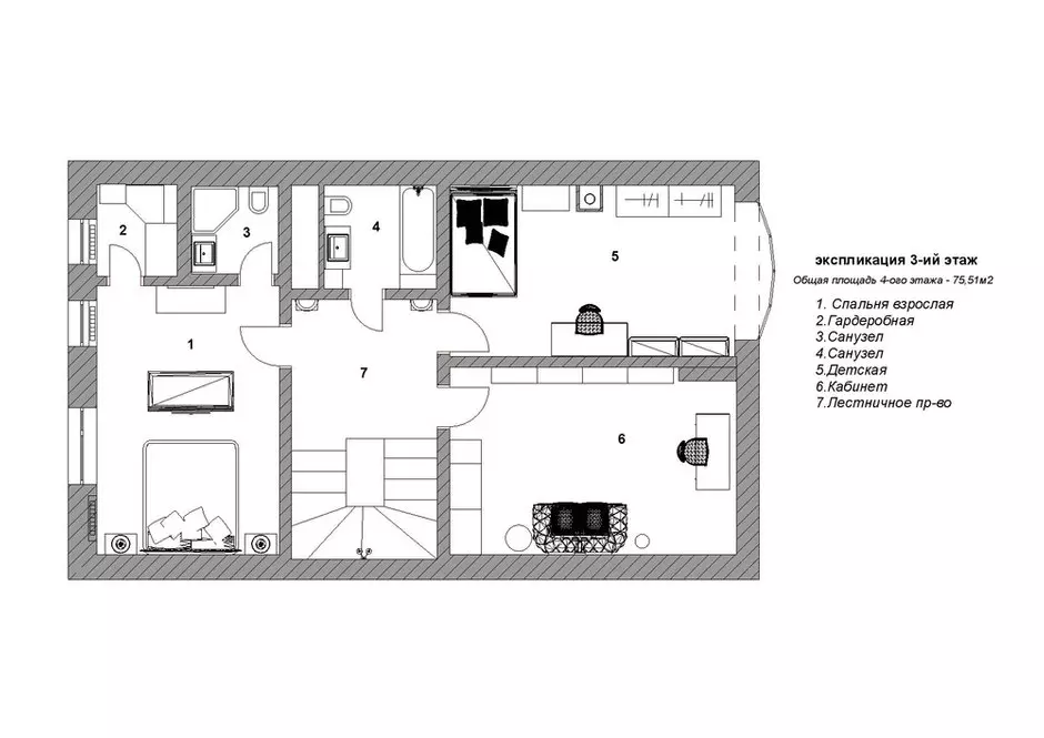 Kế hoạch với sự sắp xếp đồ nội thất, 3 tầng