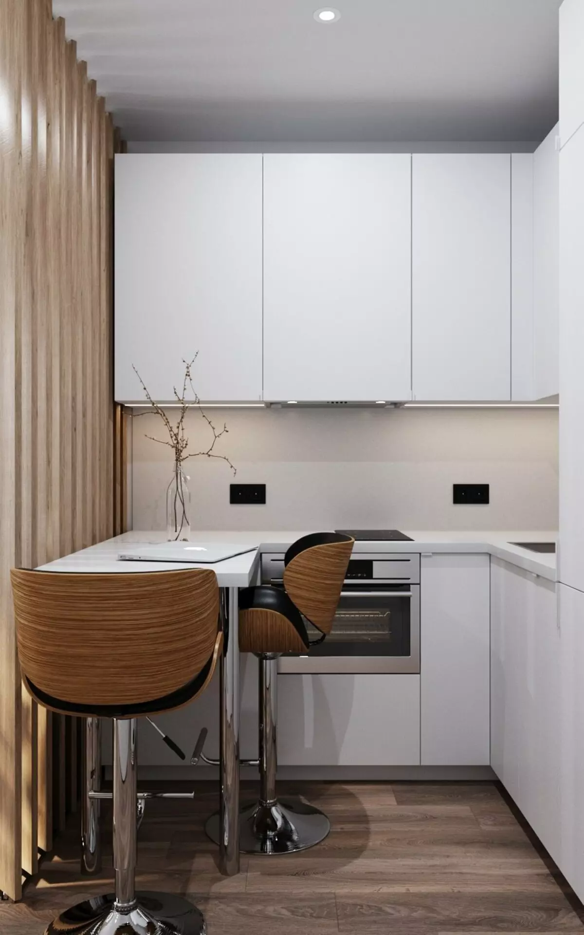 Photo: kitchen and dining room in style minimalism, modern, apartment, studio, white, project of the week, gray, blue, up to 40 meters, premium, Olesya Eranzieva - Photo