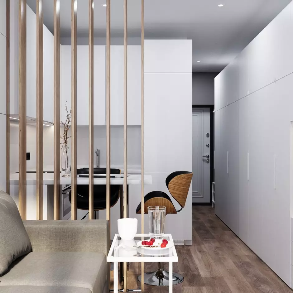 Foto: Kuirejo kaj manĝoĉambro laŭ stilo minimalismo, moderna, apartamento, studio, blanka, projekto de la semajno, griza, blua, ĝis 40 metroj, premio, olesia eranzieva - foto