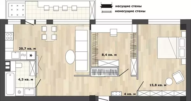 Wêne: Plansazkirina şêweyê, metbexê û odeya xwaringehê, Redevelopment, Anastasia Kiseleva, 1mg-601 Series House - Wêne