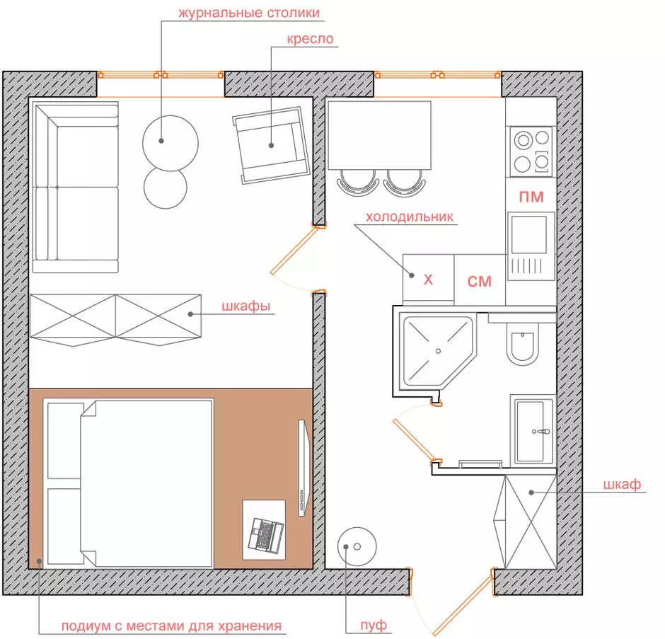 Foto: Drugo v stilu, apartmaju, načrtovanju, hiš in apartmajih, prenovo, II-49, panelna hiša, 1 soba, do 40 metrov - fotografija