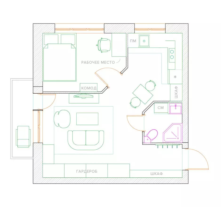 Argazkia: Estilo txikiko apartamentua, apartamentua, apartamentua, berrurbanizazioa, praktikan konponketa, Ksenia Chupina, Astearen berrurbanizazioa, berrurbanizatzeko ideiak, gela bakarreko apartamentu baten berrurbanizazioa, nola hornitu odnushki, odds-en odds bat nola egin. , Birrindutako odnushki birbanatu San Petersburg-en, Khrushchev-en berrurbanizazioa Brezhnev-en, BrezHnev-en, panelean, 1 gela, 40 metro arte, I-507 - argazkia