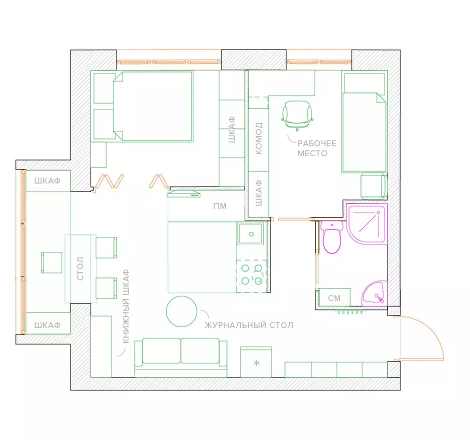 Argazkia: beste batzuk, apartamentu txikietan, apartamentu txikian, apartamentu, plangintza, berrurbanizazioan, Ksenia Chupina, Astearen berrurbanizazioa, odnushki birbanatzeko ideiak, gela bakarreko apartamentua berrurbanizatzea, nola hornitu odnushki, nola egin odds Odds, Redevelopd odnushki in St. Petersburgoko berrurbanizazioan Khrushchev-en, Brezhnev-en, Panel Etxean, 1 gela, 40 metro arte, I-507 - argazkia