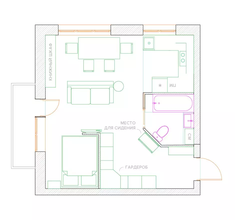 Argazkia: Estilo txikiko apartamentua, apartamentua, apartamentua, berrurbanizazioa, praktikan konponketa, Ksenia Chupina, Astearen berrurbanizazioa, berrurbanizatzeko ideiak, gela bakarreko apartamentu baten berrurbanizazioa, nola hornitu odnushki, odds-en odds bat nola egin. , Birrindutako odnushki birbanatu San Petersburg-en, Khrushchev-en berrurbanizazioa Brezhnev-en, BrezHnev-en, panelean, 1 gela, 40 metro arte, I-507 - argazkia