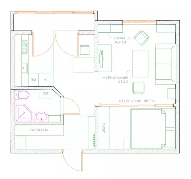 Foto: Plánovanie v štýle, Malý apartmán, Apartmán, Rekonštrukcia, P-43, panel House, 1 izba, až 40 metrov - Foto