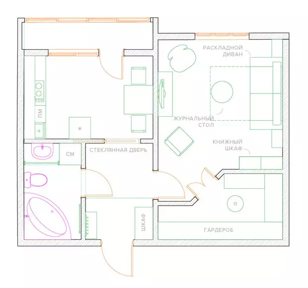 Foto: Plánovanie v štýle, Malý apartmán, Apartmán, Rekonštrukcia, P-43, panel House, 1 izba, až 40 metrov - Foto