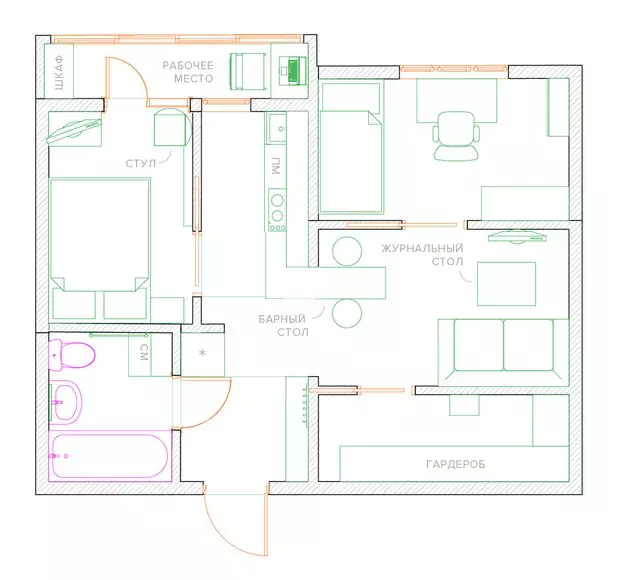 Foto: Plánovanie v štýle, Malý apartmán, Apartmán, Rekonštrukcia, P-43, panel House, 1 izba, až 40 metrov - Foto